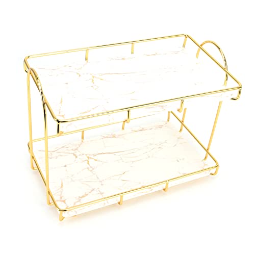 FTVOGUE 2-Tier Shelf Organizer Bathroom Countertop Rack Large Capacity Golden Bathroom Countertop Rack Storage Tray for Home Hotel Bedroom