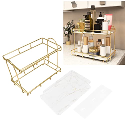 FTVOGUE 2-Tier Shelf Organizer Bathroom Countertop Rack Large Capacity Golden Bathroom Countertop Rack Storage Tray for Home Hotel Bedroom