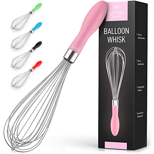 Zulay 12-Inch Stainless Steel Whisk - Balloon Whisk Kitchen Tool With Soft Silicone Handle - Thick Durable Wired Whisk Utensil For Blending, Beating, Whisking, Frothing, Stirring & More (Pink)