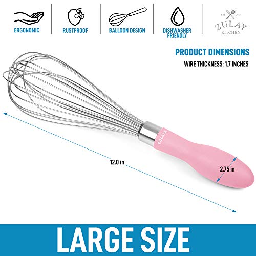 Zulay 12-Inch Stainless Steel Whisk - Balloon Whisk Kitchen Tool With Soft Silicone Handle - Thick Durable Wired Whisk Utensil For Blending, Beating, Whisking, Frothing, Stirring & More (Pink)