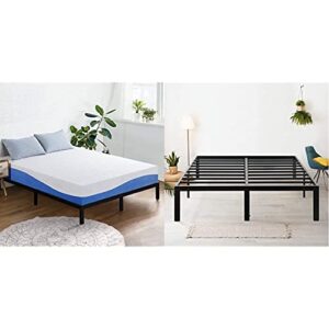 olee sleep 10 inch gel infused layer top memory foam mattress, blue & 18 inch tall heavy duty steel slat/anti-slip support/easy assembly/mattress foundation/maximum storage, black