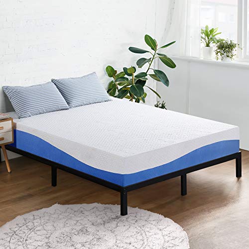 Olee Sleep 10 Inch Gel Infused Layer Top Memory Foam Mattress, Blue & 18 Inch Tall Heavy Duty Steel Slat/Anti-Slip Support/Easy Assembly/Mattress Foundation/Maximum Storage, Black