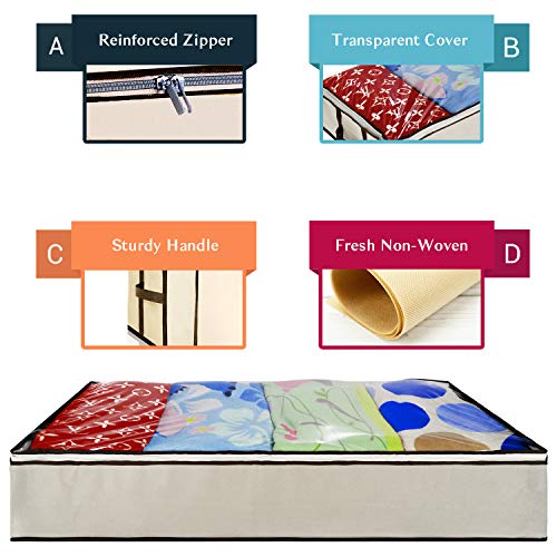 Ziz Home Zippered Under Bed Storage Bag 3 Pack | Used for Underbed Clothes Storage Linen Storage Blanket Storage Sweater Storage Duvet Storage Bins Clear Window