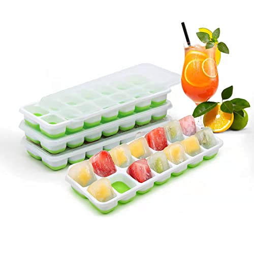 Ice Cube Tray with Lid 4 Pack, EDEFISY Reusable 14-Ice Cube Trays Easy-Release & Flexible Ice Trays for Freezer wit Lid for Chilled Drinks, Whiskey and Cocktails, Green