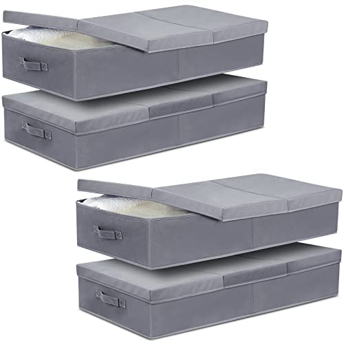 4 Pack Under Bed Storage Bins with Lids Large Underbed Storage Containers with 3 Handles Long Flat Stackable Underbed Storage Containers for Organizing Clothes, Shoes, Toys, Blanket, Garage Boxes