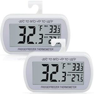 aevete 2 pack waterproof digital refrigerator thermometer large lcd, freezer room thermometer with magnetic back, no frills easy to read