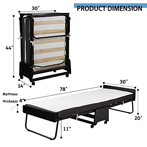 FUNKOCO Single Folding Bed with 4” Memory Foam Mattress for Adults,Portable Rollaway Cot Size Guest Bed with Sturdy Steel Frame on Wheels for Home & Office,78 x 30 Inch