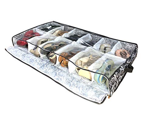 Shonpy Men/Woman 12 Cells See Through Underbed shoes and boots Storage Bag Organizer with black and white flower (black)