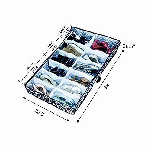 Shonpy Men/Woman 12 Cells See Through Underbed shoes and boots Storage Bag Organizer with black and white flower (black)