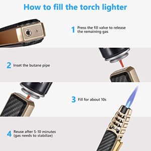 Butane Torch Lighter, Refillable Kitchen Cooking Torch Windproof Adjustable Flame Solar Beam Torch Blow Torch with Safety Lock for Baking Creme Brulee HGT-588 (Butane Gas Not Included) (Black)