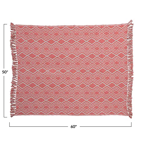 Creative Co-Op Recycled Cotton Blend Geometric Design and Fringe, Multicolor Throw Blanket, Pink