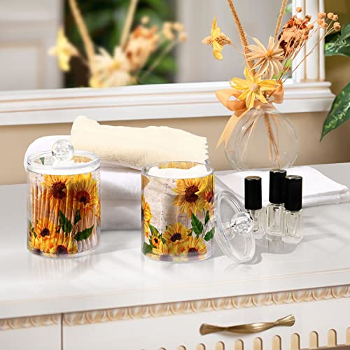 Kigai 4 Pack Sunflower Qtip Holders Dispenser Bathroom Vanity Organizers Clear Plastic Apothecary Jars with Lids for Cotton Ball, Cotton Swab, Cotton Round Pads, Floss