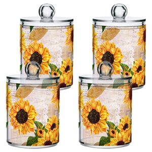 Kigai 4 Pack Sunflower Qtip Holders Dispenser Bathroom Vanity Organizers Clear Plastic Apothecary Jars with Lids for Cotton Ball, Cotton Swab, Cotton Round Pads, Floss