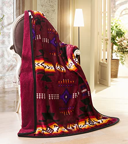 Nu Trendz Signature Southwest Design (Navajo Print) Sherpa Lined Throw 16112 Burgundy