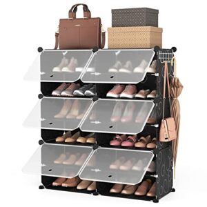 rojasop portable shoe rack organizer 6-tier shoe cabinet 24-pair shoe organizer shoe storage expandable free standing stackable space shoe rack with 2 exclusive versatile hooks for bedroom black