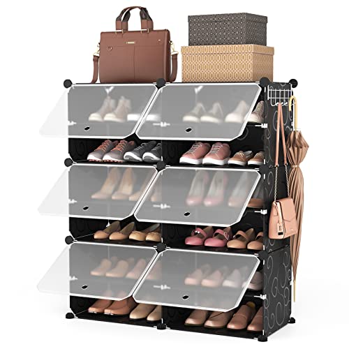 ROJASOP Portable Shoe Rack Organizer 6-Tier Shoe Cabinet 24-Pair Shoe Organizer shoe Storage Expandable Free Standing Stackable Space Shoe Rack with 2 exclusive Versatile Hooks for Bedroom Black