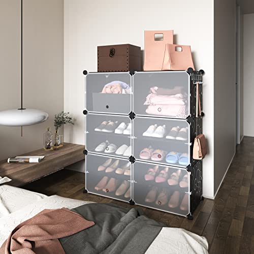 ROJASOP Portable Shoe Rack Organizer 6-Tier Shoe Cabinet 24-Pair Shoe Organizer shoe Storage Expandable Free Standing Stackable Space Shoe Rack with 2 exclusive Versatile Hooks for Bedroom Black