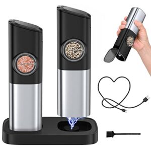 gravity electric salt and pepper grinder set, rechargeable salt and pepper grinder set with charging base, safe switch, automatic pepper grinder with dustproof cover, led light, adjustable coarseness