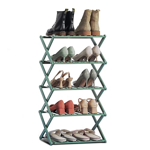 MoNiBloom Folding Shoe Rack for Entryway, Bamboo 5 Tier Stackable Installation-Free Shoe Storage Cabinet for 11-15 Pairs For Boots Heels Sandals Slippers, Green