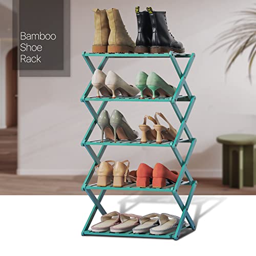 MoNiBloom Folding Shoe Rack for Entryway, Bamboo 5 Tier Stackable Installation-Free Shoe Storage Cabinet for 11-15 Pairs For Boots Heels Sandals Slippers, Green