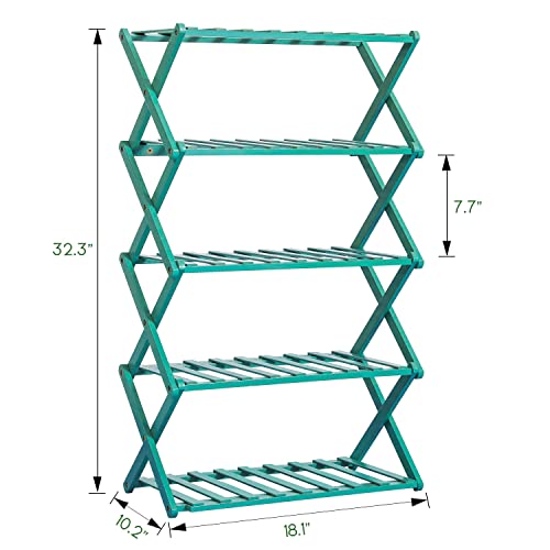 MoNiBloom Folding Shoe Rack for Entryway, Bamboo 5 Tier Stackable Installation-Free Shoe Storage Cabinet for 11-15 Pairs For Boots Heels Sandals Slippers, Green