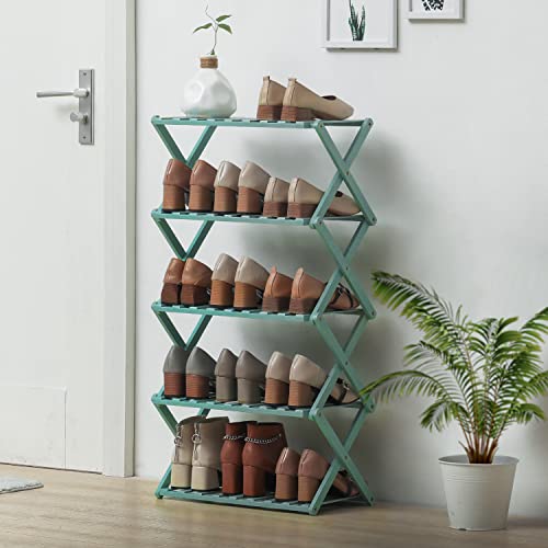 MoNiBloom Folding Shoe Rack for Entryway, Bamboo 5 Tier Stackable Installation-Free Shoe Storage Cabinet for 11-15 Pairs For Boots Heels Sandals Slippers, Green