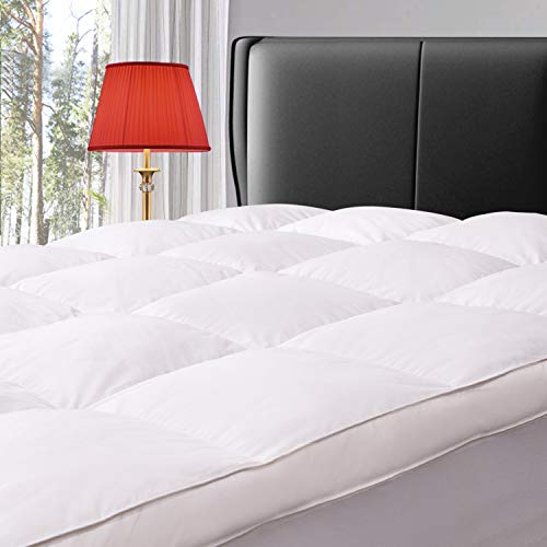 ELEMUSE King Size Extra Thick Fusion Goose Down Feather Filled Mattress Topper, Plush Fluffy Doule Layer Pillowtop Mattress Pad Cover, Soft Featherbed with 8-21 Inch Deep Pocket