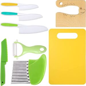 leking 8 pcs wooden kids kitchen knife, plastic kids knife set include wood kids safe knife, serrated edges plastic toddler knife, plastic potato slicers, sandwich cutter, y peeler and cutting board