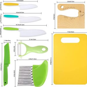 Leking 8 Pcs Wooden Kids Kitchen Knife, Plastic Kids Knife Set Include Wood Kids Safe Knife, Serrated Edges Plastic Toddler Knife, Plastic Potato Slicers, Sandwich Cutter, Y Peeler and Cutting Board