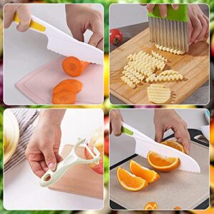 Leking 8 Pcs Wooden Kids Kitchen Knife, Plastic Kids Knife Set Include Wood Kids Safe Knife, Serrated Edges Plastic Toddler Knife, Plastic Potato Slicers, Sandwich Cutter, Y Peeler and Cutting Board