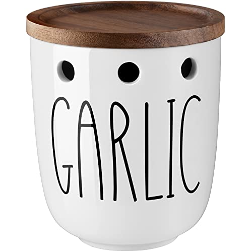 DAYYET Garlic Keeper for Counter, Ceramic Garlic Keeper with Acacia Wood Lid, Garlic Holder Storage Container to Keep Your Garlic Cloves Fresh Longer, Garlic Saver for Kitchen, White