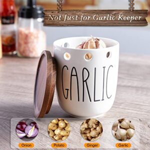 DAYYET Garlic Keeper for Counter, Ceramic Garlic Keeper with Acacia Wood Lid, Garlic Holder Storage Container to Keep Your Garlic Cloves Fresh Longer, Garlic Saver for Kitchen, White