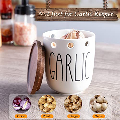 DAYYET Garlic Keeper for Counter, Ceramic Garlic Keeper with Acacia Wood Lid, Garlic Holder Storage Container to Keep Your Garlic Cloves Fresh Longer, Garlic Saver for Kitchen, White