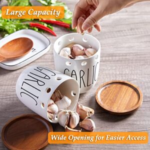 DAYYET Garlic Keeper for Counter, Ceramic Garlic Keeper with Acacia Wood Lid, Garlic Holder Storage Container to Keep Your Garlic Cloves Fresh Longer, Garlic Saver for Kitchen, White