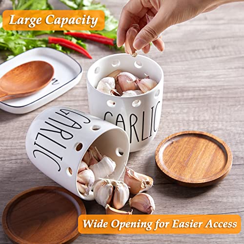 DAYYET Garlic Keeper for Counter, Ceramic Garlic Keeper with Acacia Wood Lid, Garlic Holder Storage Container to Keep Your Garlic Cloves Fresh Longer, Garlic Saver for Kitchen, White