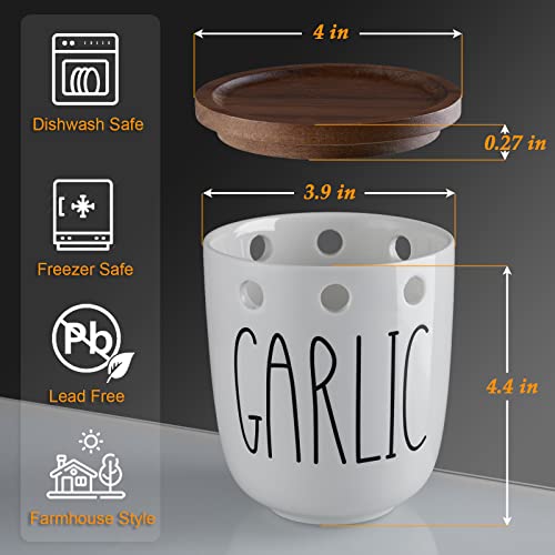 DAYYET Garlic Keeper for Counter, Ceramic Garlic Keeper with Acacia Wood Lid, Garlic Holder Storage Container to Keep Your Garlic Cloves Fresh Longer, Garlic Saver for Kitchen, White