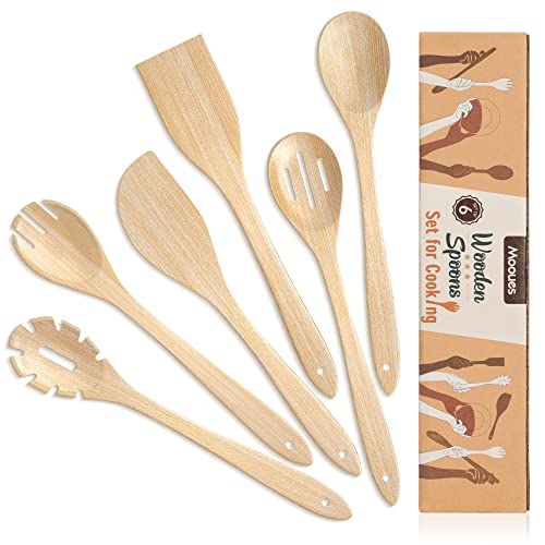 Mooues 6 Piece Wooden Spoons for Cooking Set Bamboo Kitchen Utensils Set Smooth Surface Non-Stick Cooking Utensils Set Comfortable Grip Wooden Utensils for Cooking, Housewarming Holiday Gift