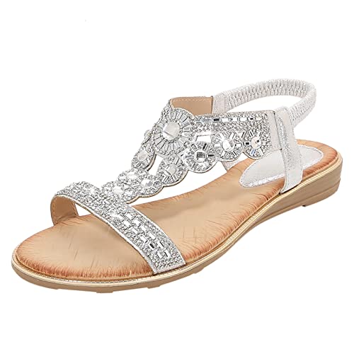 Women Rhinestone Sandals T-Strap Buckle Bohemian Pearl Crystal Flat Sandals Summer Casual Beach Sandals (Silver, 7)