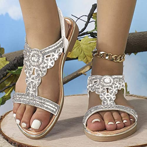 Women Rhinestone Sandals T-Strap Buckle Bohemian Pearl Crystal Flat Sandals Summer Casual Beach Sandals (Silver, 7)