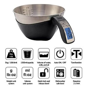 Fradel Digital Kitchen Food Scale with Bowl (Removable) and Measuring Cup - Stainless Steel, Backlight, 11lbs Capacity - Cooking, Baking, Gym, Diet - Precise Measuring (Black)