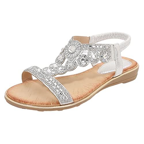 Women's Flat Sandals Summer Beach Sandal Casual Beaded Elastic Sandals T-Strap Rhinestone Beaded Bohemia Shoes (Silver, 8)