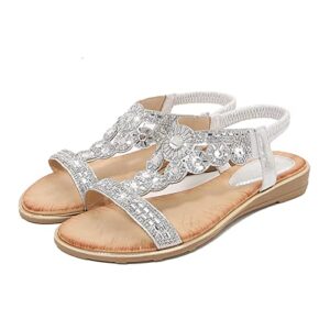 Women's Flat Sandals Summer Beach Sandal Casual Beaded Elastic Sandals T-Strap Rhinestone Beaded Bohemia Shoes (Silver, 8)