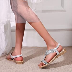 Women's Flat Sandals Summer Beach Sandal Casual Beaded Elastic Sandals T-Strap Rhinestone Beaded Bohemia Shoes (Silver, 8)