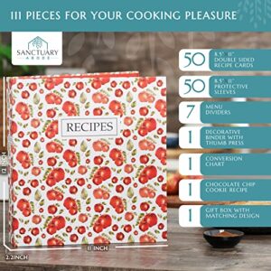 Recipe Binder – Write 100 Favorite Recipes on 50 Double Sided Blank Recipe Cards (8.5x11 in) w/ 50 Protective Sleeves & Add 200 Printed Recipes – Incl. Conversion Chart & 7 Menu Dividers