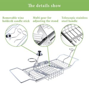 Yontree Bathtub Tray Caddy Stainless Steel Expandable with Bathroom Wine Glass Racks Reading Holder (24-33) x3.3x7.9 Inches