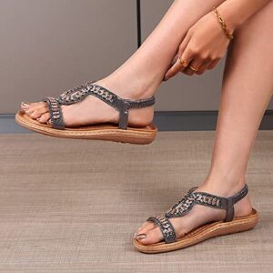 Women's T-Strap Beaded Flower Rhinestone Flat Summer Casual Beaded Elastic Sandals Sandals Dress Beach Shoes (Grey, 6.5)