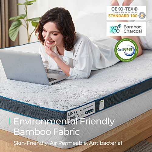 LINSY LIVING Mattress Topper Full, 3-Inch Memory Foam Firm Mattress Topper Full Size, Bamboo Charcoal Infusion with Removable Bamboo Cover, Cooling Mattress Topper, CertiPUR-US Certified