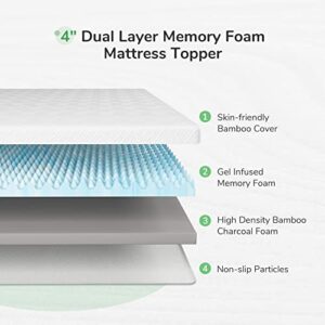 Novilla Queen Mattress Topper, 4 Inch Gel Memory Foam Mattress Topper Queen Enhance Cooling, Motion Isolation & Pressure Relieving, Non-Slip Design with Breathable Bamboo Charcoal Cover