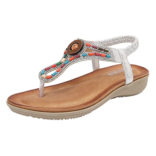 Thong Sandals for Women Beach,Bohemia Flat Sandals T-Strap Summer Beach Beaded Elastic Flip-Flop Thong Shoes (Silver, 8)