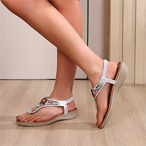 Thong Sandals for Women Beach,Bohemia Flat Sandals T-Strap Summer Beach Beaded Elastic Flip-Flop Thong Shoes (Silver, 8)